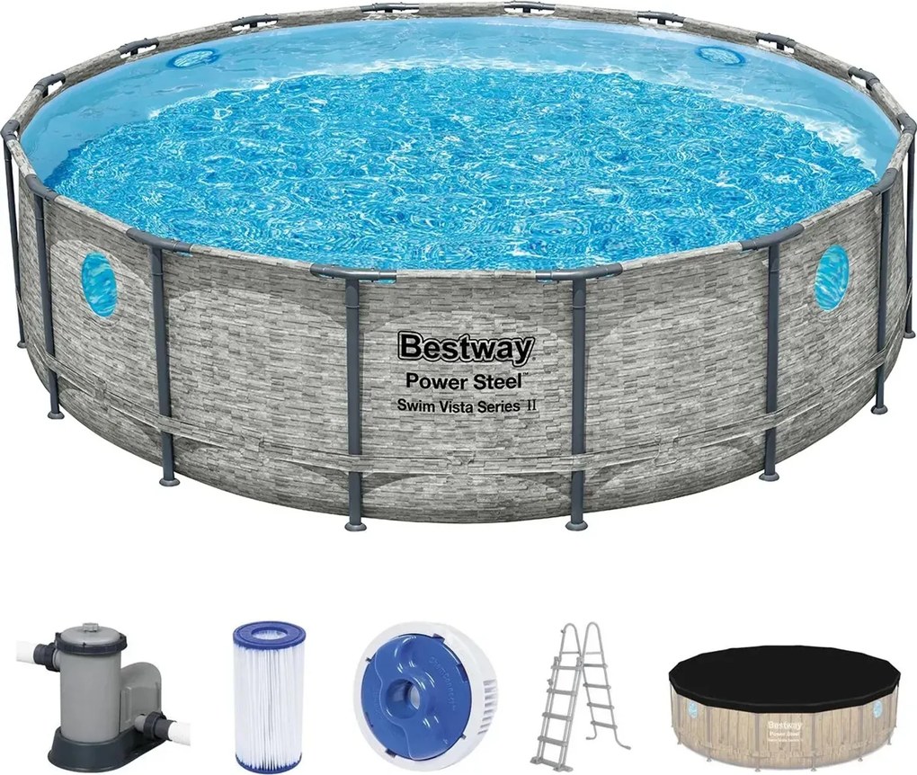 Bestway Bazén Power Steel SwimVista čerpadlo kartuše schůdky kámen. pr.488x122cm