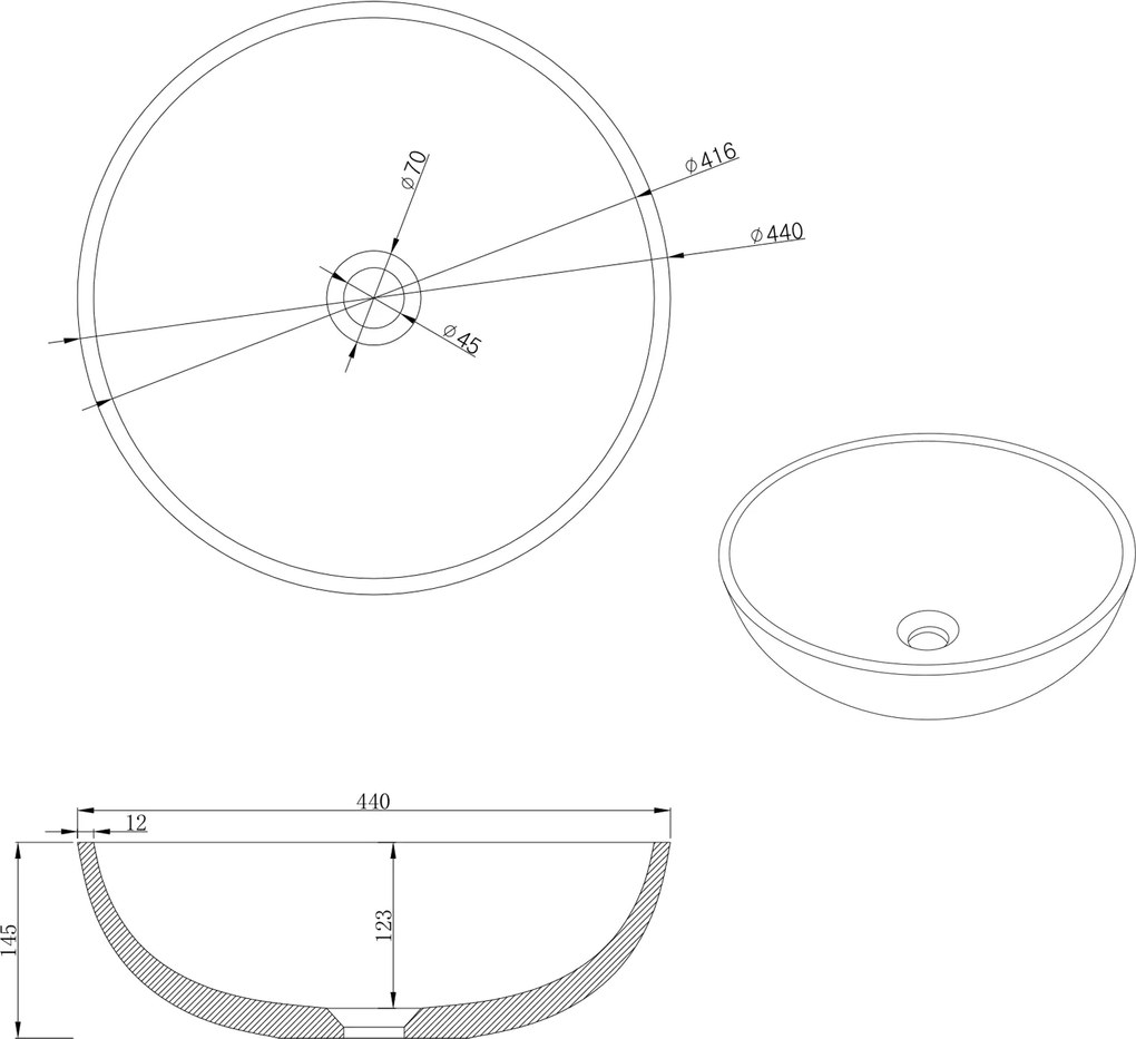 Sapho Sapho, TURF betonové umyvadlo včetně výpusti, průměr 44 cm, černý granit, AR436
