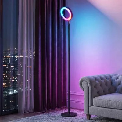 HOMCOM Stojací lampa 42W LED stmívatelná, 3 barevné teploty, stropní reflektor s nastavitelnou hlavou ve tvaru kruhu, černá