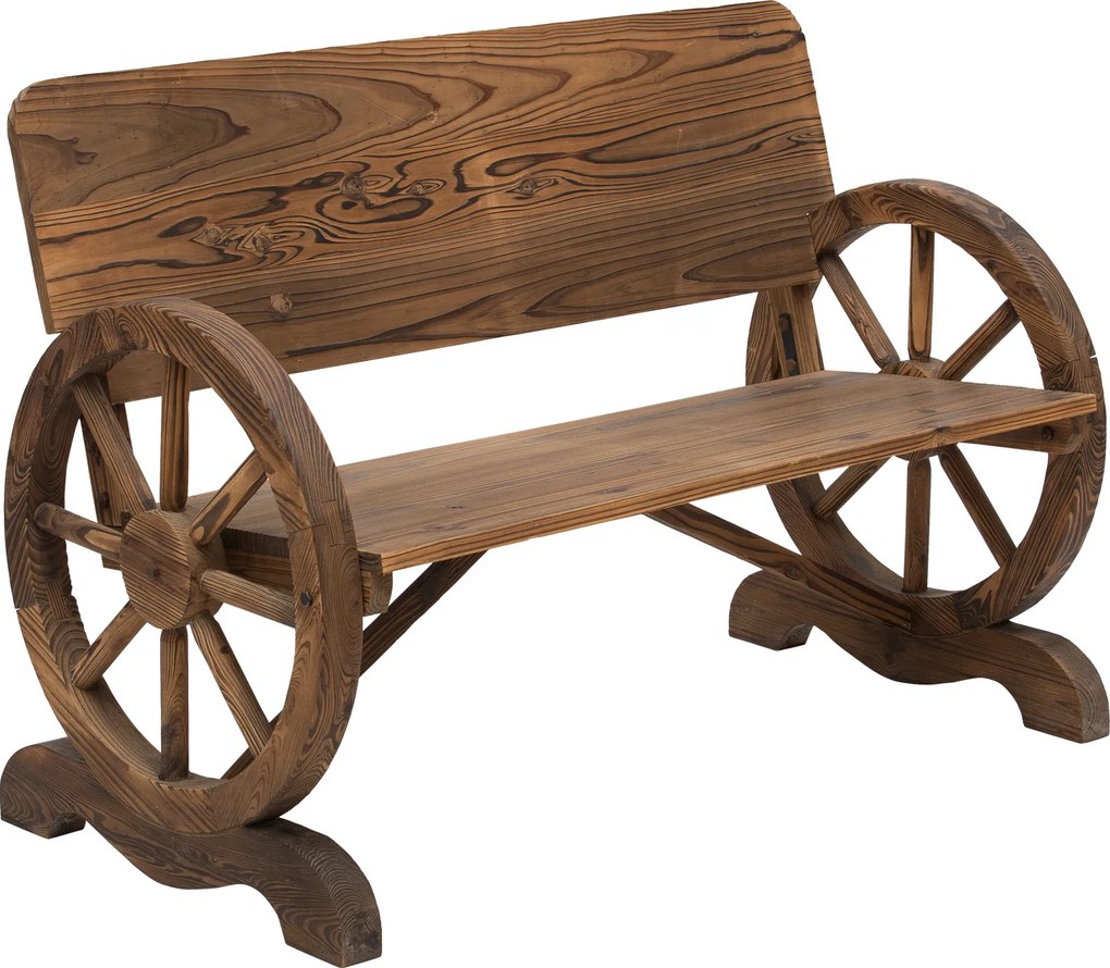 Zahradní lavice pro 2 osoby, masivní dřevo, rustikální design kol, nosnost 250 kg, 114 cm, tmavě hnědá