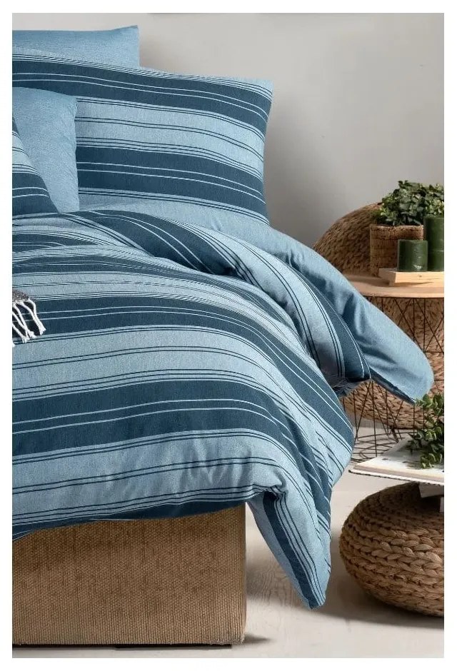 Modré 4dílné prodloužené povlečení na dvoulůžko s prostěradlem 200x220 cm Stripes – Mila Home
