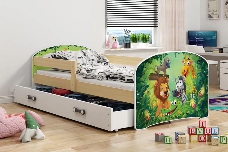 Dětská postel LUKI se šuplíkem - barva přírodní borovice - DŽUNGLE