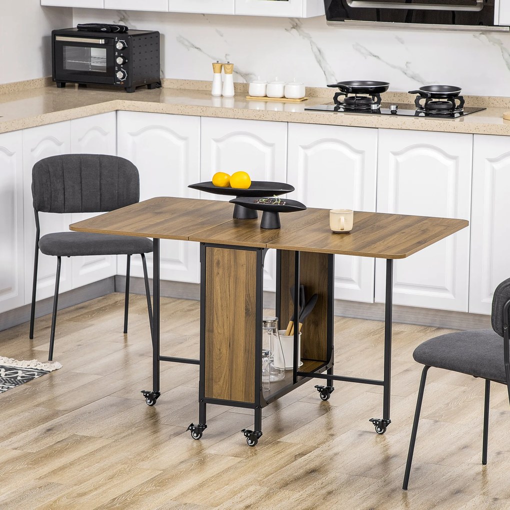 Jídelní stůl HOMCOM skládací pojízdný pro 6 osob, úložný prostor pro malé místnosti, do 50kg, 130x80x74cm, světle hnědý