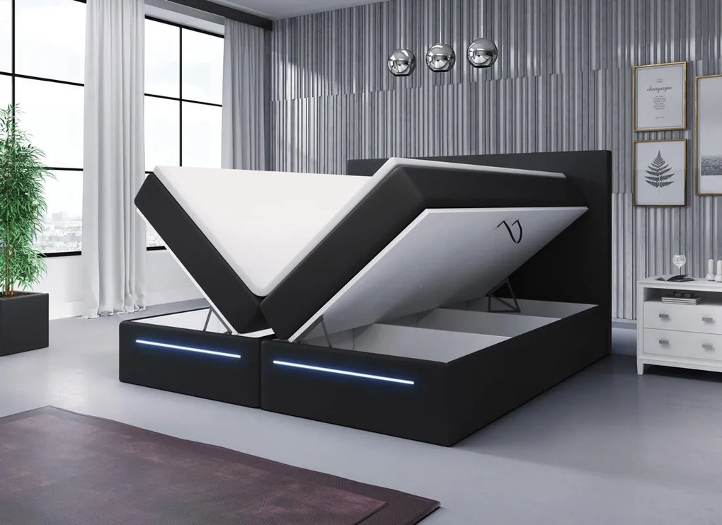 K&M postele Boxspring postel SEJOUR s úložným prostorem a LED Velikost postele: 160 × 200 cm, Výběr matrace: Oboustranná pružinová matrace - středně …