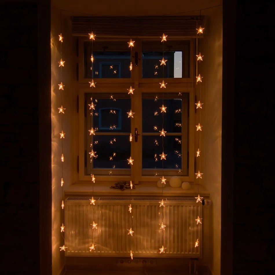 Vánoční osvětlení do okna, propojovatelné, hvězdy, 1,2x2m, teple bílá,