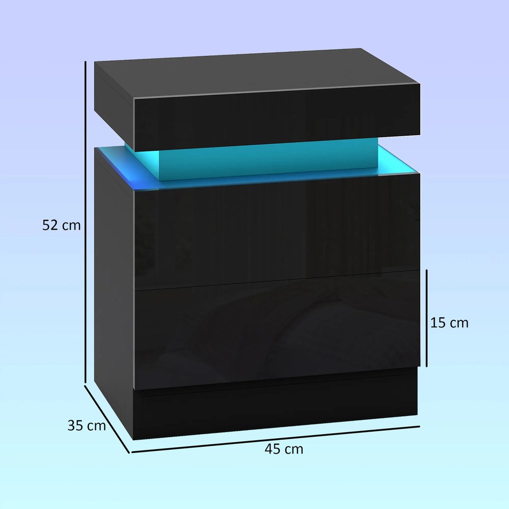 HOMCOM sada 2 LED nočních stolků s 16 barvami a 4 režimy se 2 šuplíky, z dřeva, 45x35x52 cm, černá