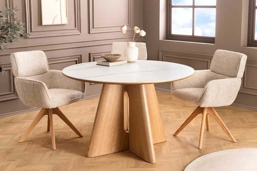 Kulatý keramický jídelní stůl Yenibeth 120 cm bílý mramor / dub