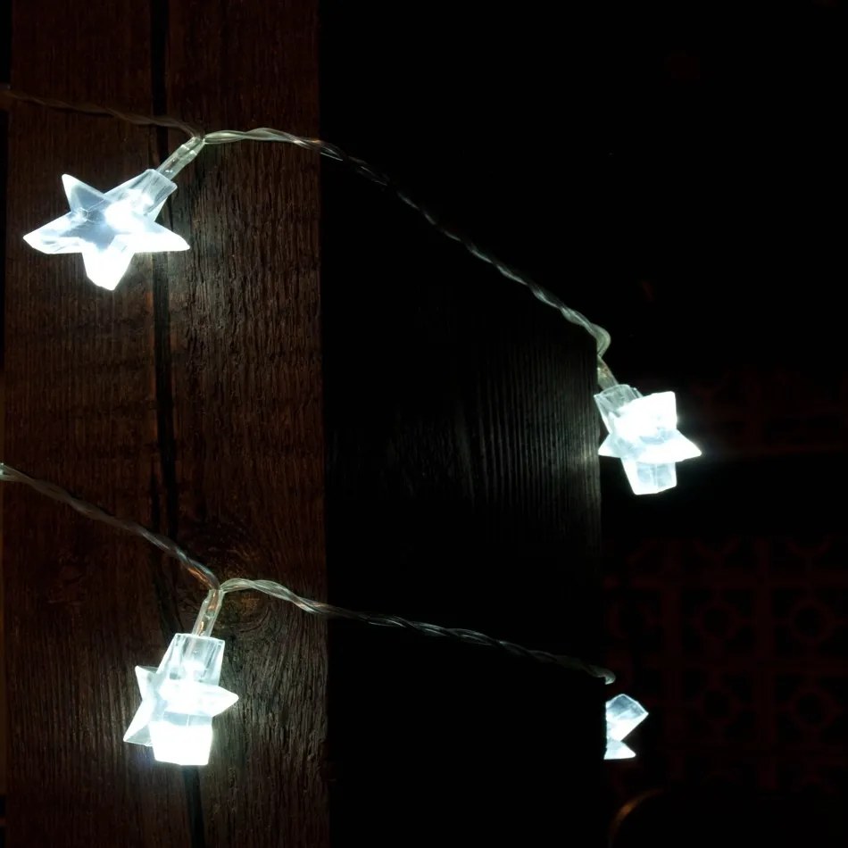 LED světýlka na baterie, hvězdičky, 1,8 m, ledově bílá, čirá barva kabelu, IP20, 2 × AA