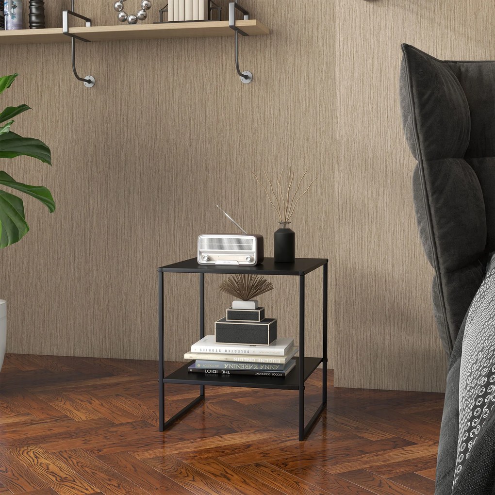 HOMCOM Odkládací stolek s policí 40x40x45 cm, konferenční stolek s ocelovým rámem, noční stolek do obývacího pokoje a ložnice v černé barvě
