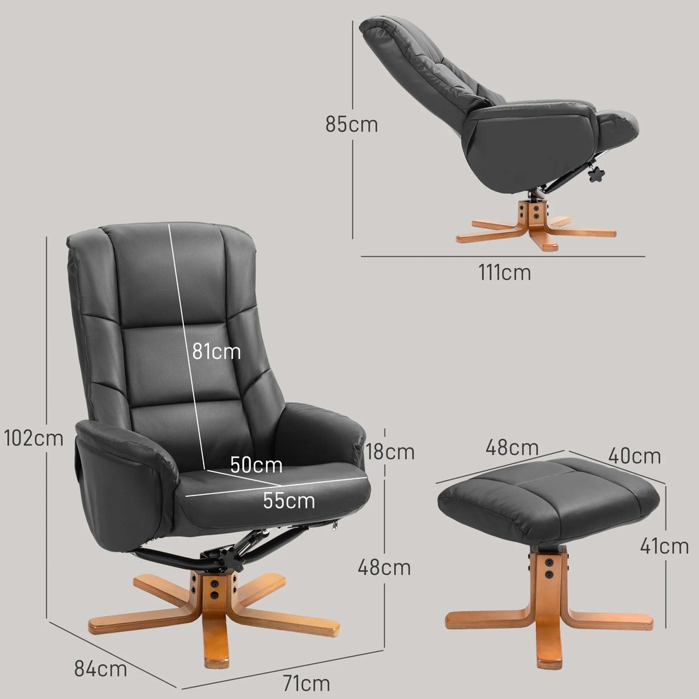 HOMCOM Relaxační křeslo s taburetem otočné o 360° naklápěcí o 130° s funkcí polohování vysoké opěradlo dřevěný rám umělá kůže černá 76x85x104cm | Aos…