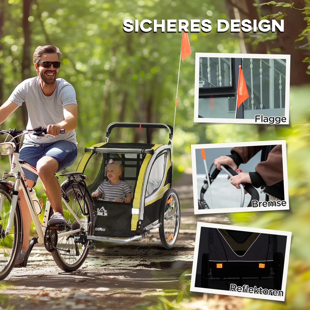 HOMCOM Dětský cyklistický přívěs 2 v 1 s odpružením, síťované dveře, přední kolo otočné o 360°, brzda, žlutá+černá, 142x75x101cm