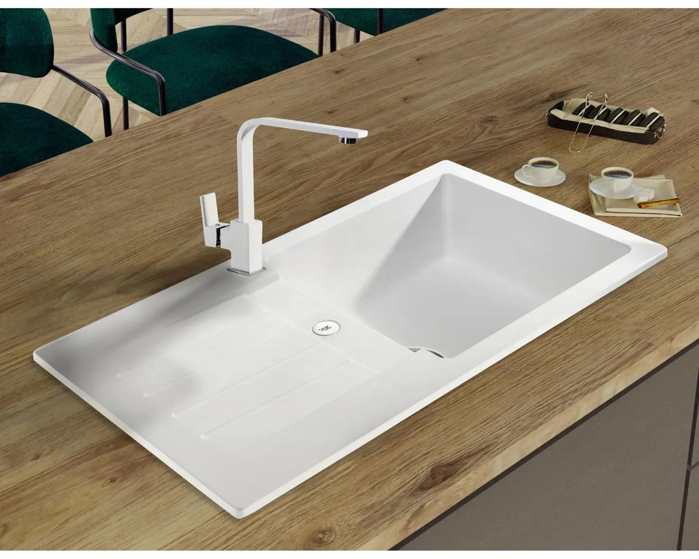 Sink Quality Natalie, kuchyňský granitový dřez 770x450x170 mm + zlatý sifon, bílá, SKQ-NAT.W.1KDO.XG