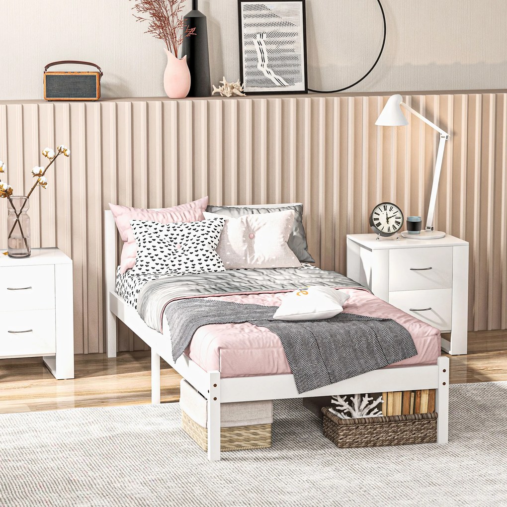 Dřevěný rám postele HOMCOM 208 x 96 cm s lamelovým roštem a čelem, elegantní rám jednolůžka do ložnice v bílé barvě