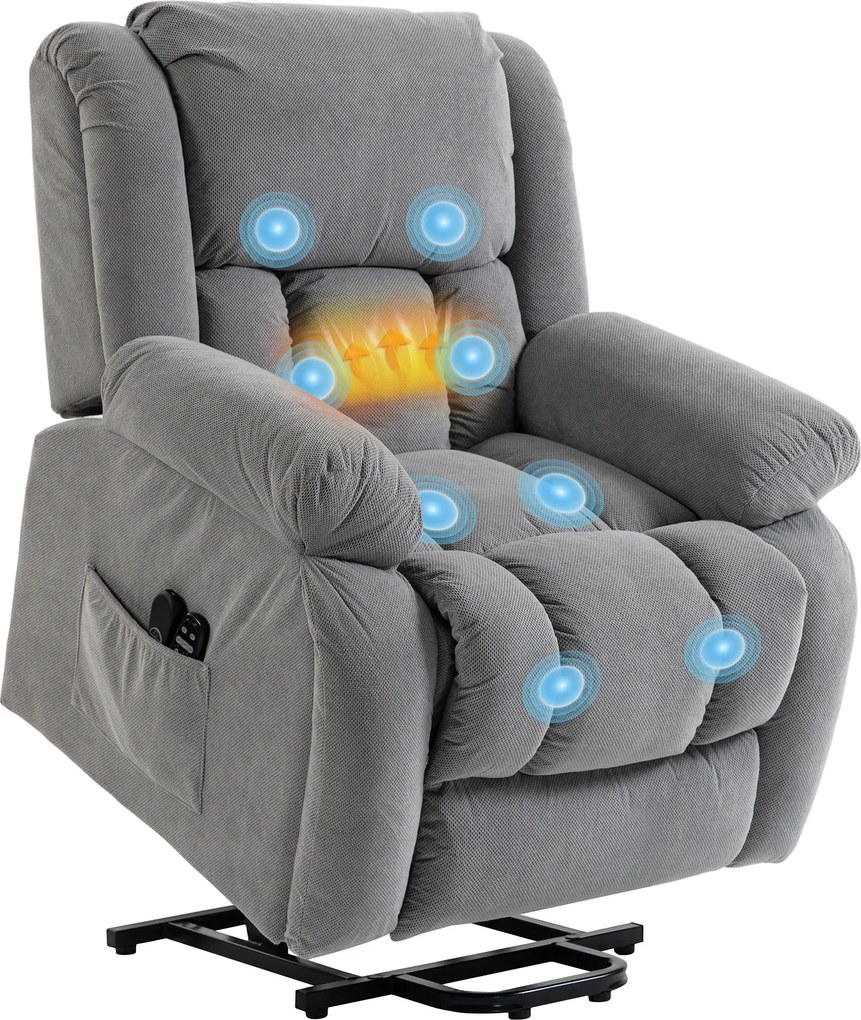 HOMCOM elektrické křeslo pro vstávání, sklápěcí 150°, široké sedadlo, masážní, vyhřívané, samet, světle šedé