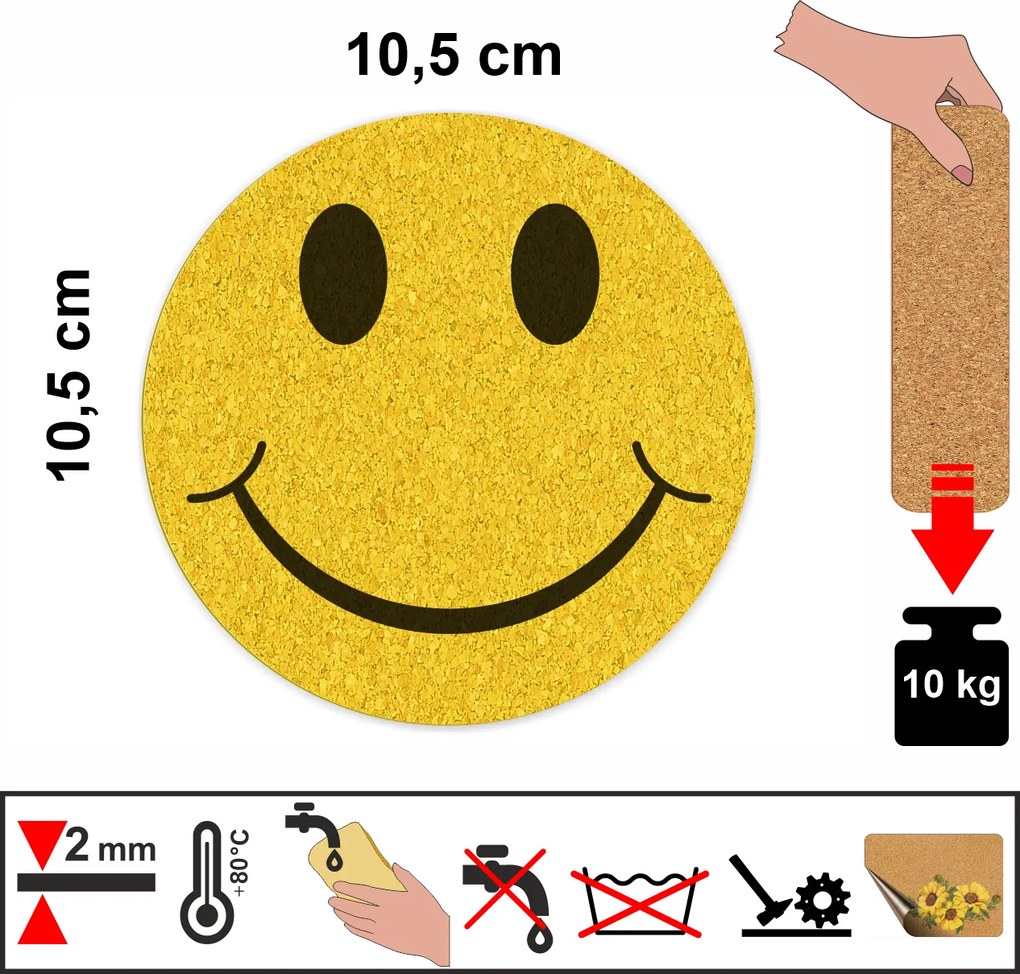 PokojovaDekorace.cz, Korkové podtácky s potiskem – 563, Smajlík, průměr 10,5cm, 1 ks