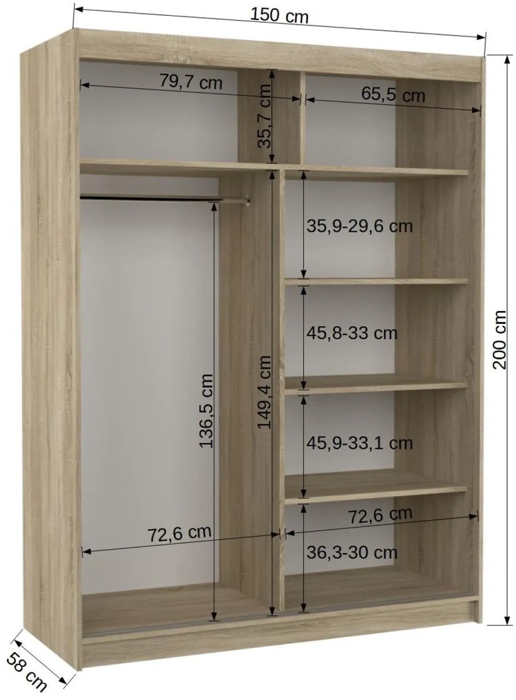 Šatní skříň s posuvnými dveřmi Renzo - 150 cm Barva: dub Sonoma