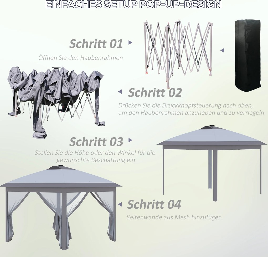 Skládací altán Outsunny 3,3x3,3 m s LED USB, vyskakovací, s bočními stěnami ze síťoviny, ochrana proti slunci, tkanina Oxford šedá, ideální pro zahra…