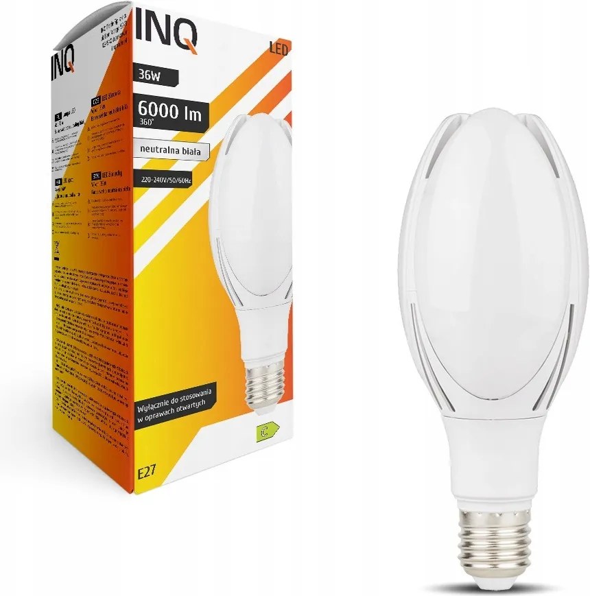 Silná Led pouliční žárovka E27 Profi 36W T96 6000lm 4000K Inq
