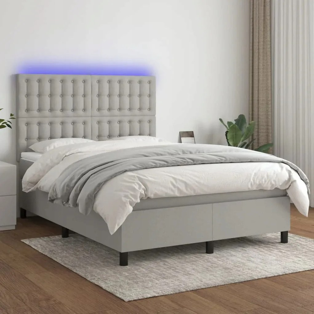 Box Spring Postel S Matrací A Led Textil Světle Šedá tlačítka 140 x 190 c