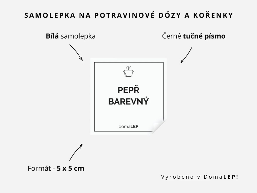 PEPŘ BAREVNÝ - omyvatelná samolepka na kořenky, výběr rozměrů Ø 5 cm / 5 x 5 cm / 6 x 8 cm | DomaLEP tvar: KOLEČKO, barva: BÍLÁ - ČERNÉ písmo, velikost: Ø 5 cm - tučné písmo