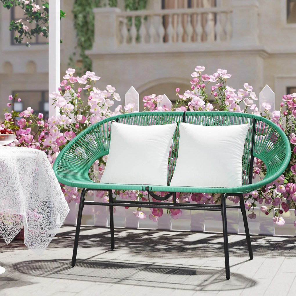 Outsunny zahradní lavička pro 2 osoby z oceli a syntetického lana s 2 polštářky - rozměry 132D x 72Š x 83V cm - tmavě zelená
