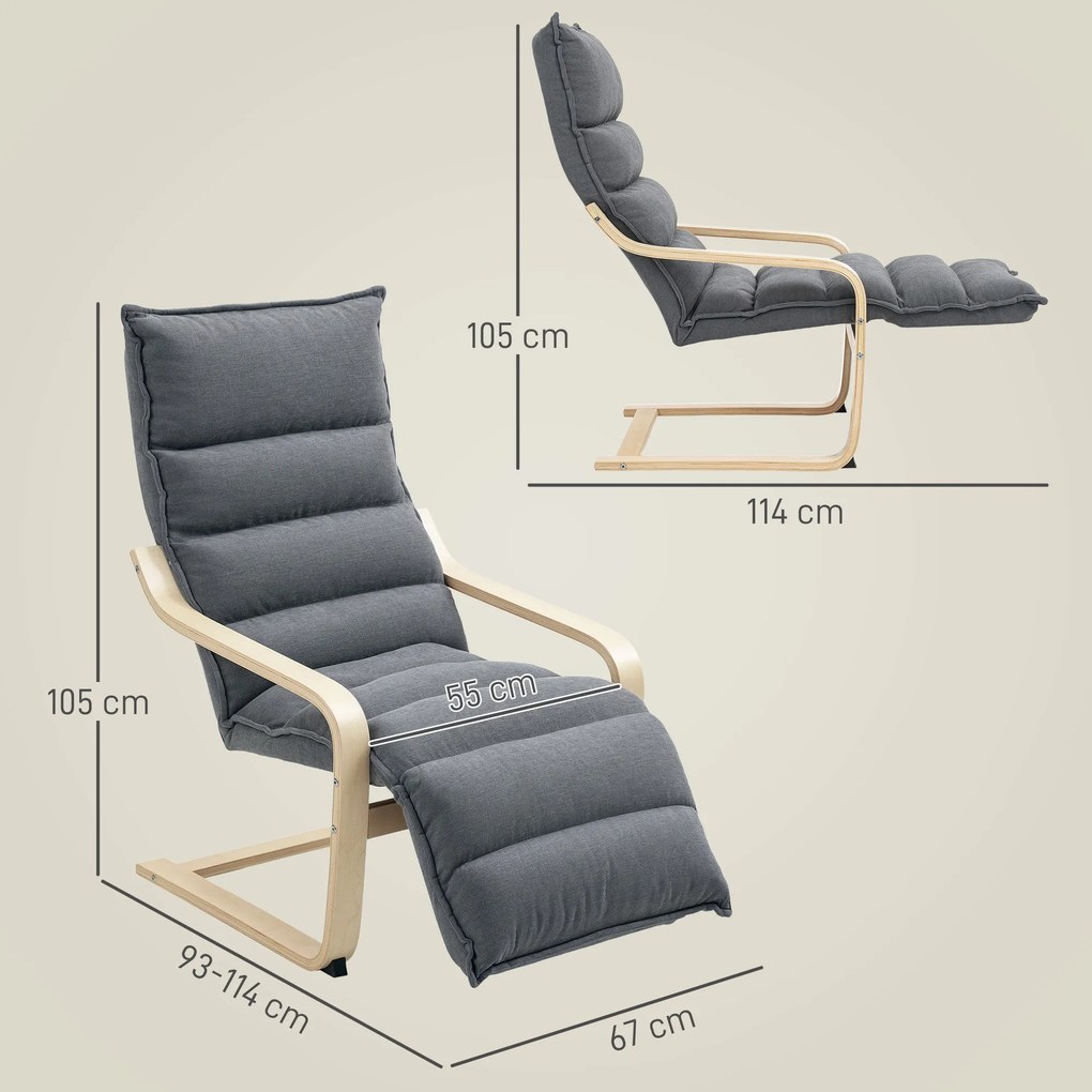 HOMCOM Tmavě šedé dřevěné relaxační křeslo s sametovým potahem, nastavitelný opěrka na nohy, moderní design pro obývací pokoj a lounge