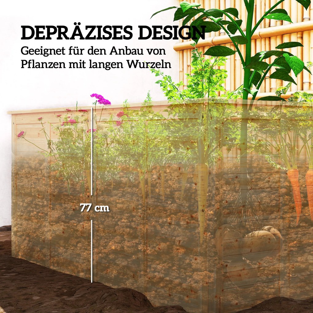 Vyvýšený dřevěný záhon 152 x 77 x 77 cm Vyvýšený hluboký bylinkový záhon s otevřeným dnem Vyztužující tyče