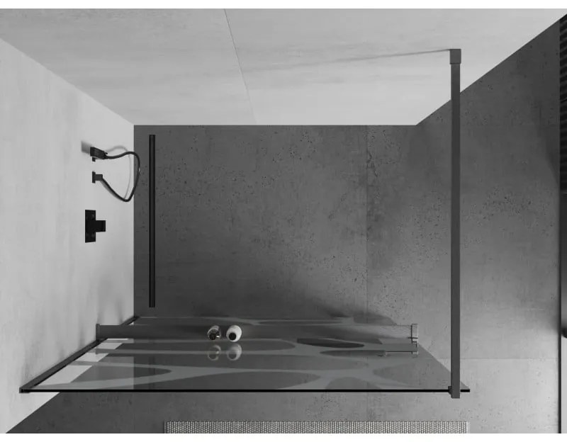 Mexen Kioto+, sprchová zástěna Walk-In s poličkou a věšákem 100 x 200 cm, 8mm čiré sklo bílý vzor, grafitový profil, 800-100-121-66-97
