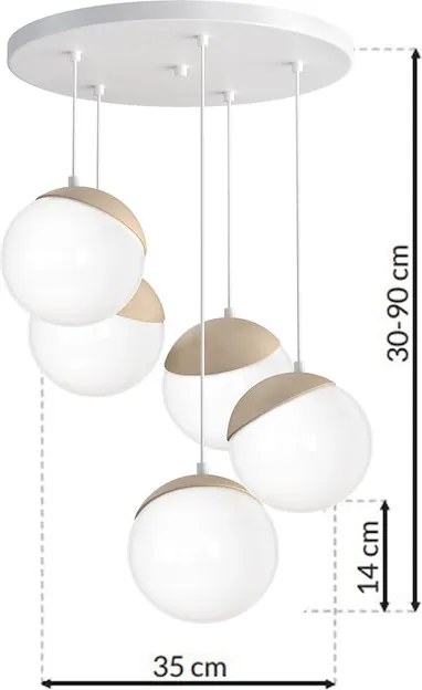 Závěsné svítidlo Sfera, 5x bílé skleněné stínítko, w/dřevo, o