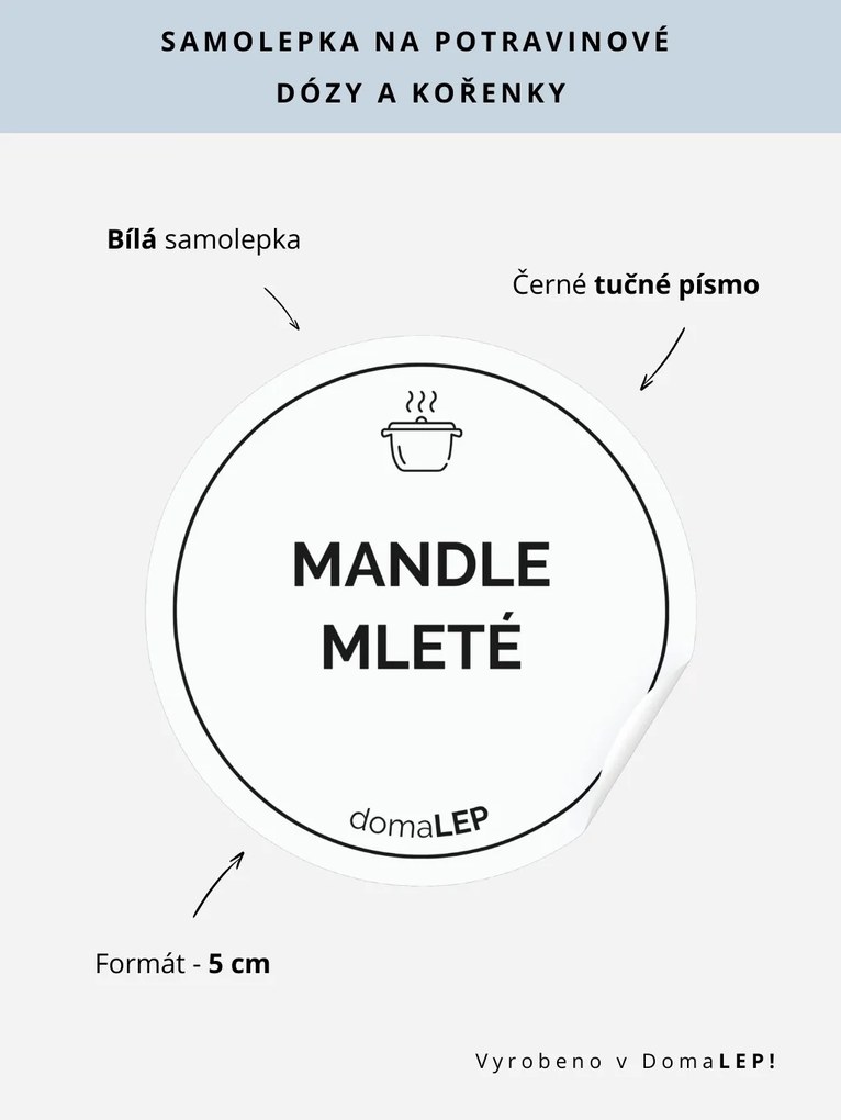 MANDLE PLÁTKY – bílá samolepka na dózu, tučné písmo, 5 cm | DomaLEP