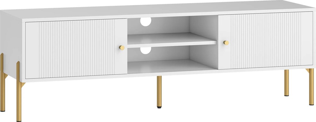 HOMCOM Moderní TV stolek – 2 dveře, 2 otevřené přihrádky, průchod pro kabely, pro TV až 65 palců, 140 x 38 x 45,9 cm, bílá