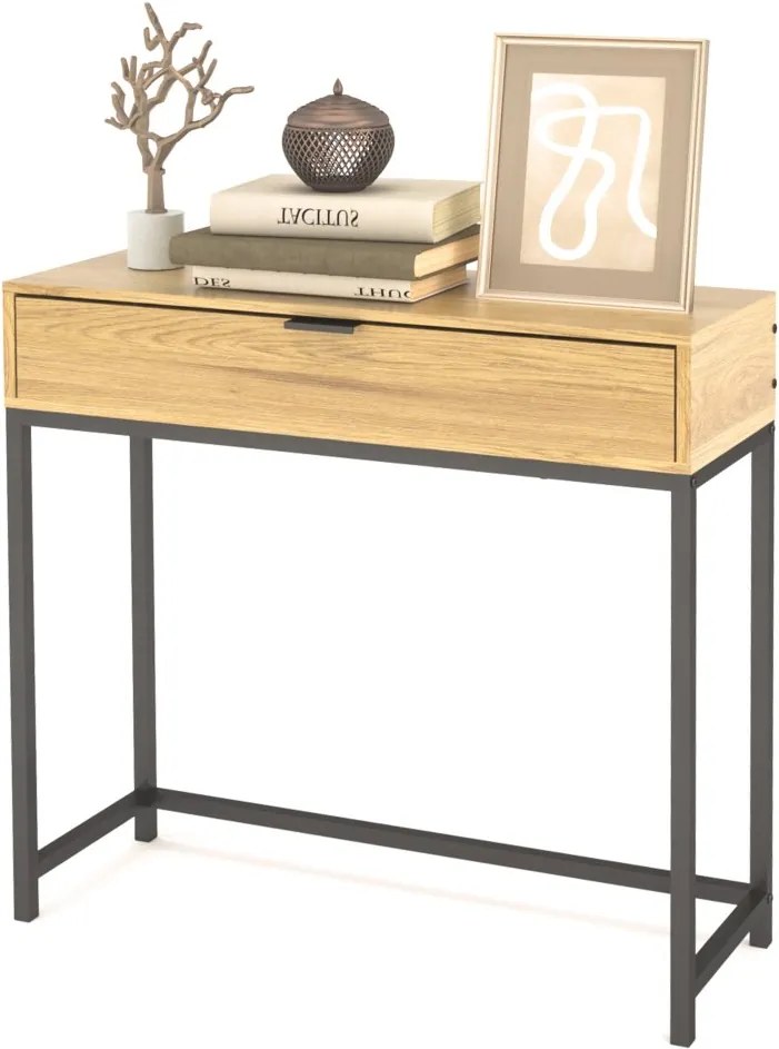 Odkládací stolek BORIS — 80x28x77 cm, kov, MDF, černá / dekor divokého dubu