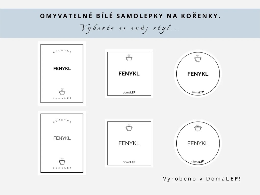 FENYKL - omyvatelná samolepka na kořenky, výběr rozměrů Ø 5 cm / 5 x 5 cm / 6 x 8 cm | DomaLEP tvar: KOLEČKO, barva: BÍLÁ - ČERNÉ písmo, velikost: Ø 5 cm - základní písmo