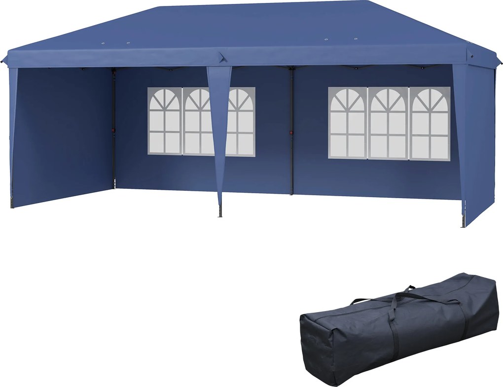 Outsunny skládací pavilon 6x3 m, pop-up s 4 odnímatelnými bočními stěnami, zahradní pavilon se 2 okny a přepravní taškou, modrý