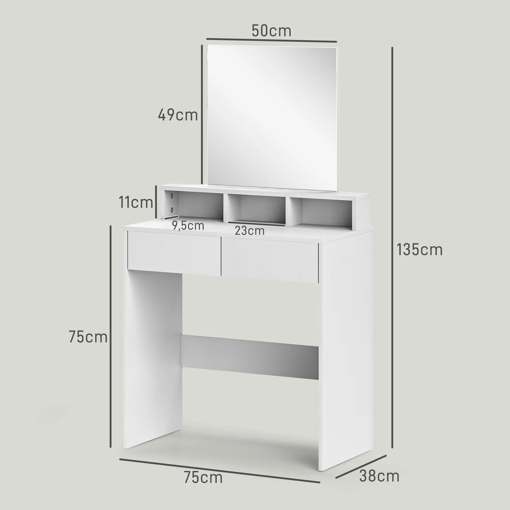 HOMCOM Toaletní stolek s zrcadlem a šuplíky, 2 zásuvky, 3 přihrádky, 75x38x135 cm, bílý