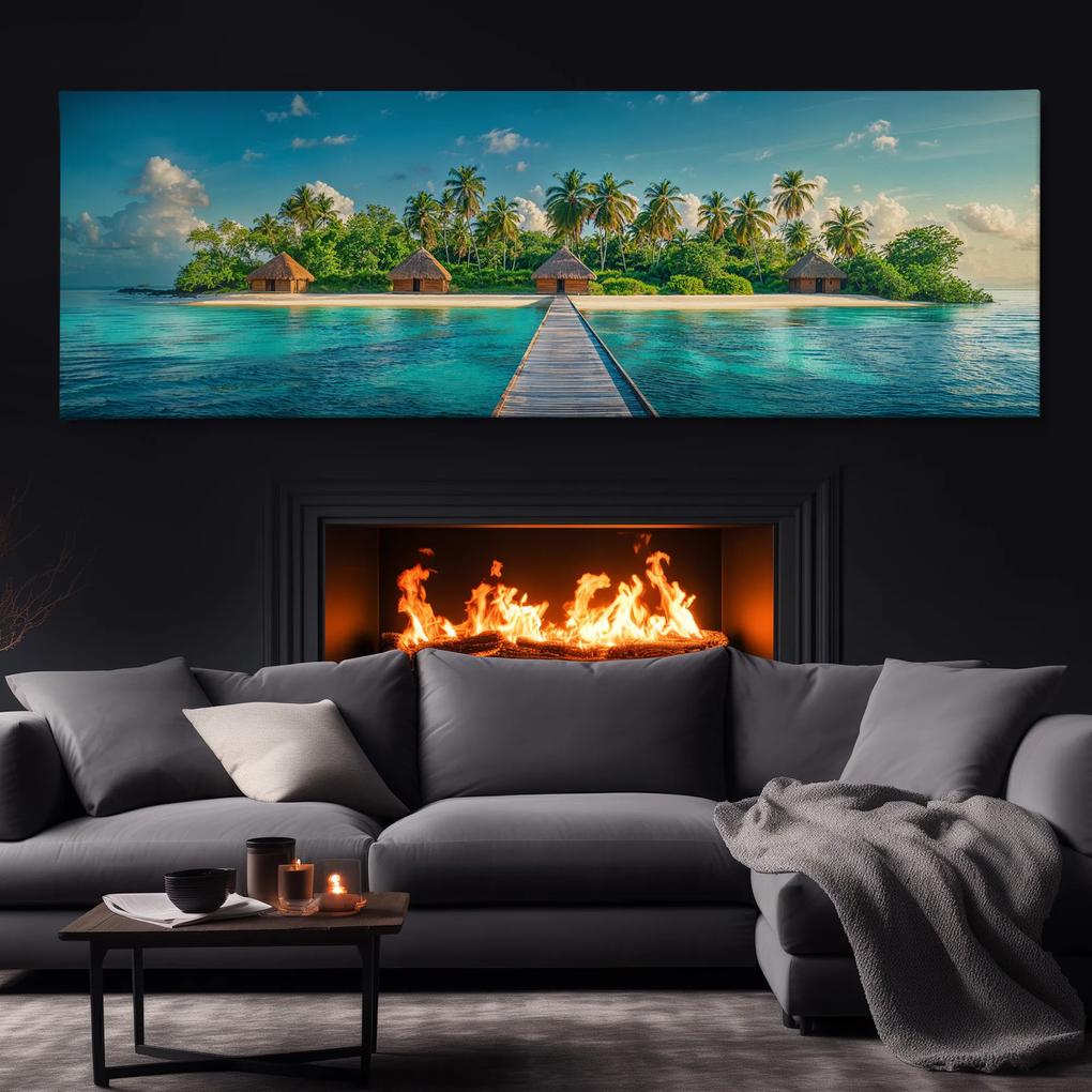 Obraz na plátně - Tropický ostrov s chatami a molem FeelHappy.cz Velikost obrazu: 150 x 50 cm