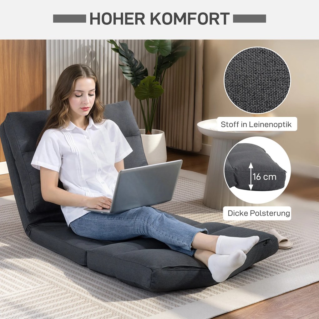 HOMCOM Sedací pytel s funkcí postele, sklápěcí opěrka, skládací, do 120 kg, 70 x 72 x 56 cm, tmavě šedá
