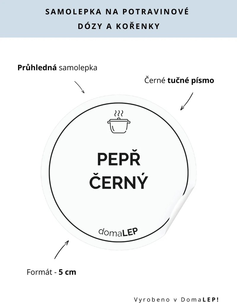 Samolepka na kořenky PEPŘ ČERNÝ průhledná 5 cm tučné písmo