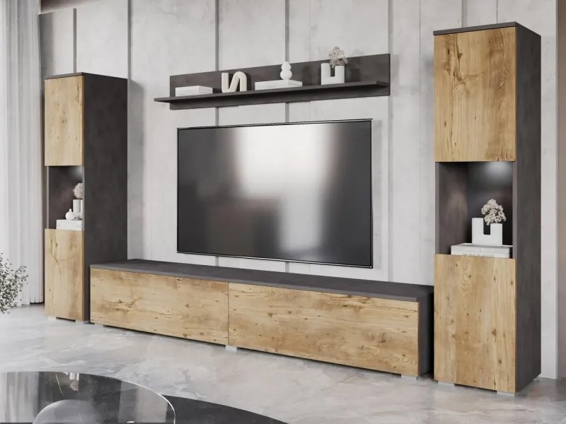 Obývací stěna Bamisio XL, Barva: matera / breslau kaštan, Osvětlení: osvětlení LED - bílé