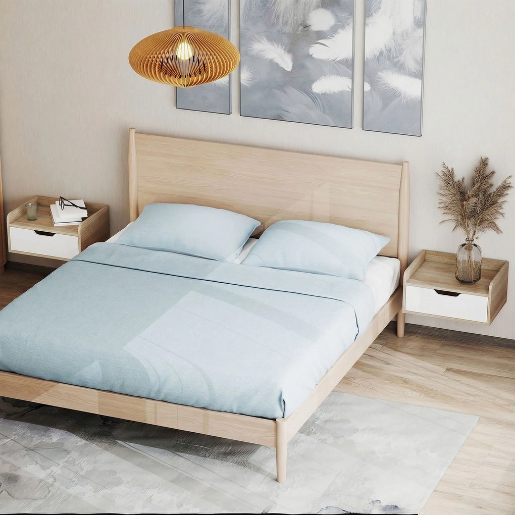 HOMCOM 2dílný set nástěnných nočních stolků, noční stolky se zásuvkou a poličkou s vyšším okrajem, 40x30x19,5 cm, přírodní dřevo