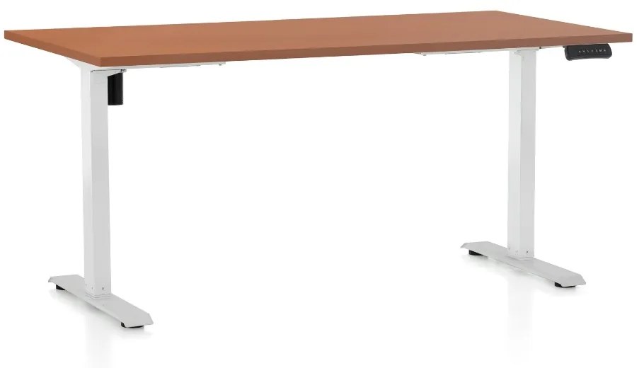 Výškově nastavitelný stůl OfficeTech B, 160 x 80 cm, bílá podnož, třešeň
