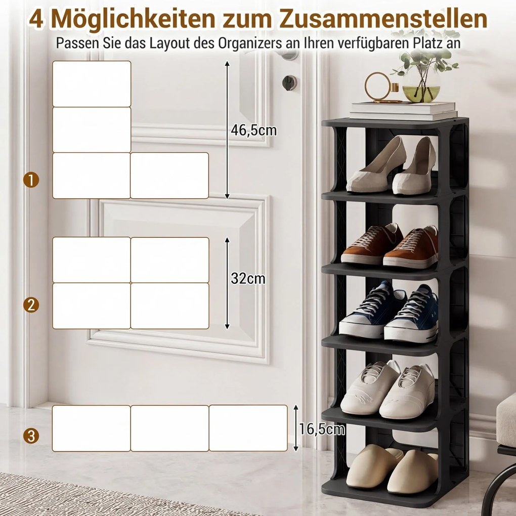 Costway 6-Tier Stohovatelný stojan na boty Vertikální organizér bot – černý