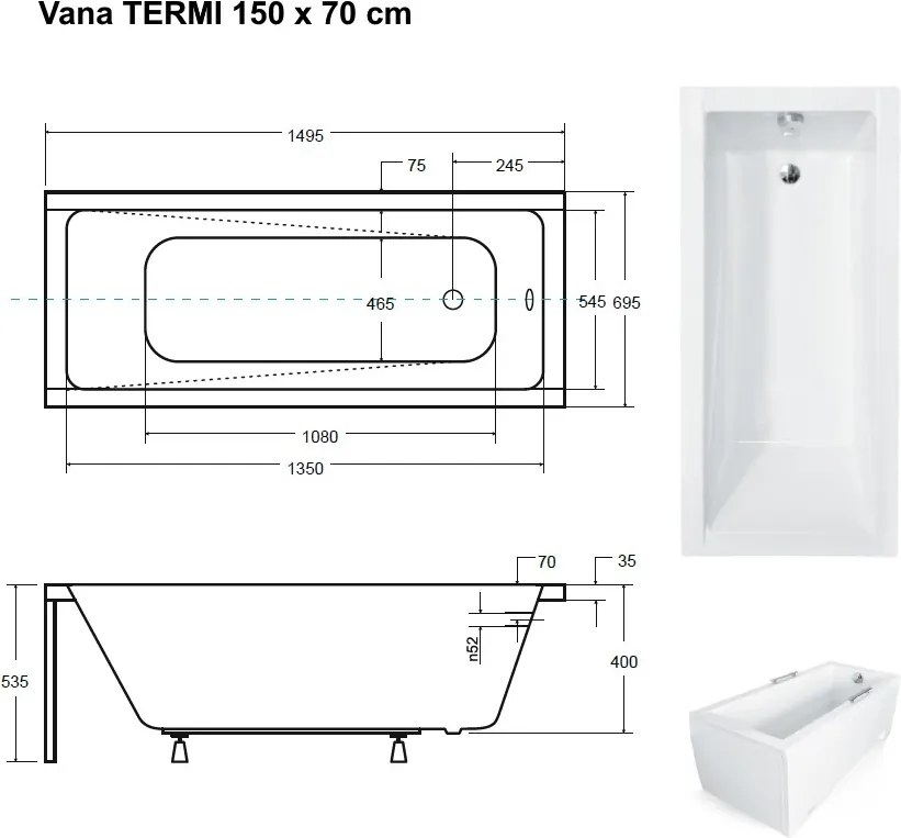 Besco Termi 150 x 69,5 cm OLVTER15+OLVPINOZ vana vč. nožiček