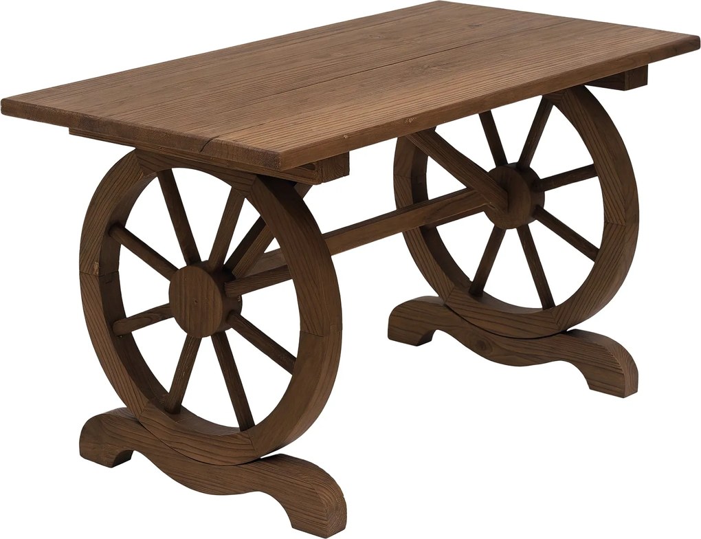 Dřevěný zahradní stůl Outsunny, venkovní stůl na terasu 110x60x65 cm s nohami ve tvaru kol, nosnost 100 kg, stůl pro venkovní terasu s povrchovou úpra