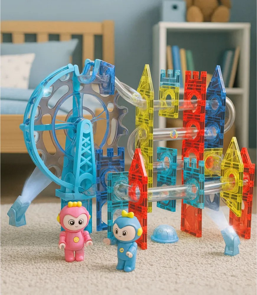 LEAN Toys Magnetické prostorové kostky, kuličková dráha, postavičky, svítící, 120 ks.