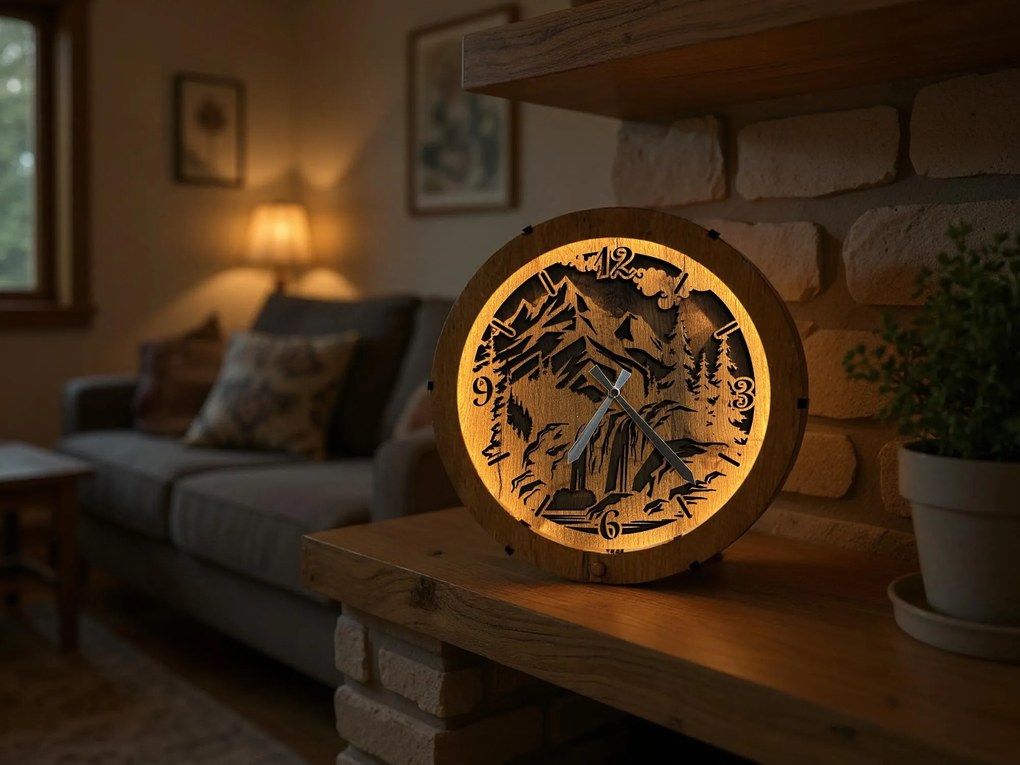 Li-Go "Hory, les a vodopád" světelné hodiny s powerbankou a pohybovým čidlem 31 cm/dub