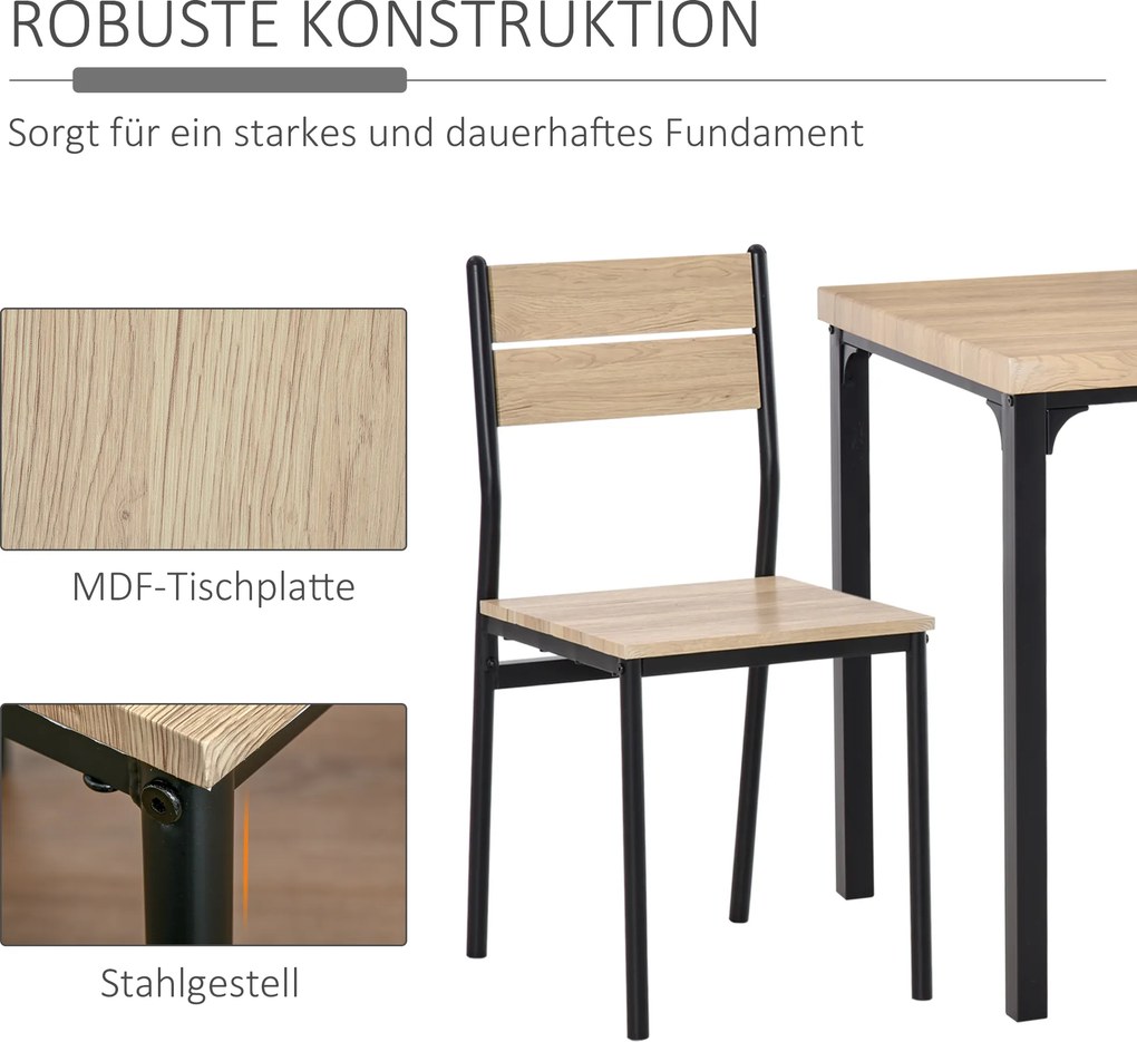 HOMCOM 3-dílný jídelní set s dřevěným stolem MDF + kov, přírodní dřevodekor + černá, 1 stůl + 2 židle| Aosom