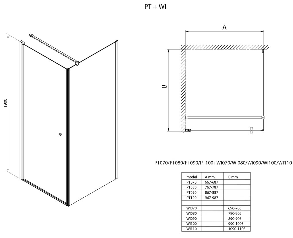 Aqualine Aqualine, PILOT otočné sprchové dveře 1000mm, sklo BRICK, PT100W