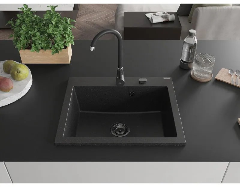Mexen Elix, 1-komorový granitový dřez 600 x 500 mm, černá/stříbrná metalíza, černý sifon - 6525601005-73-B