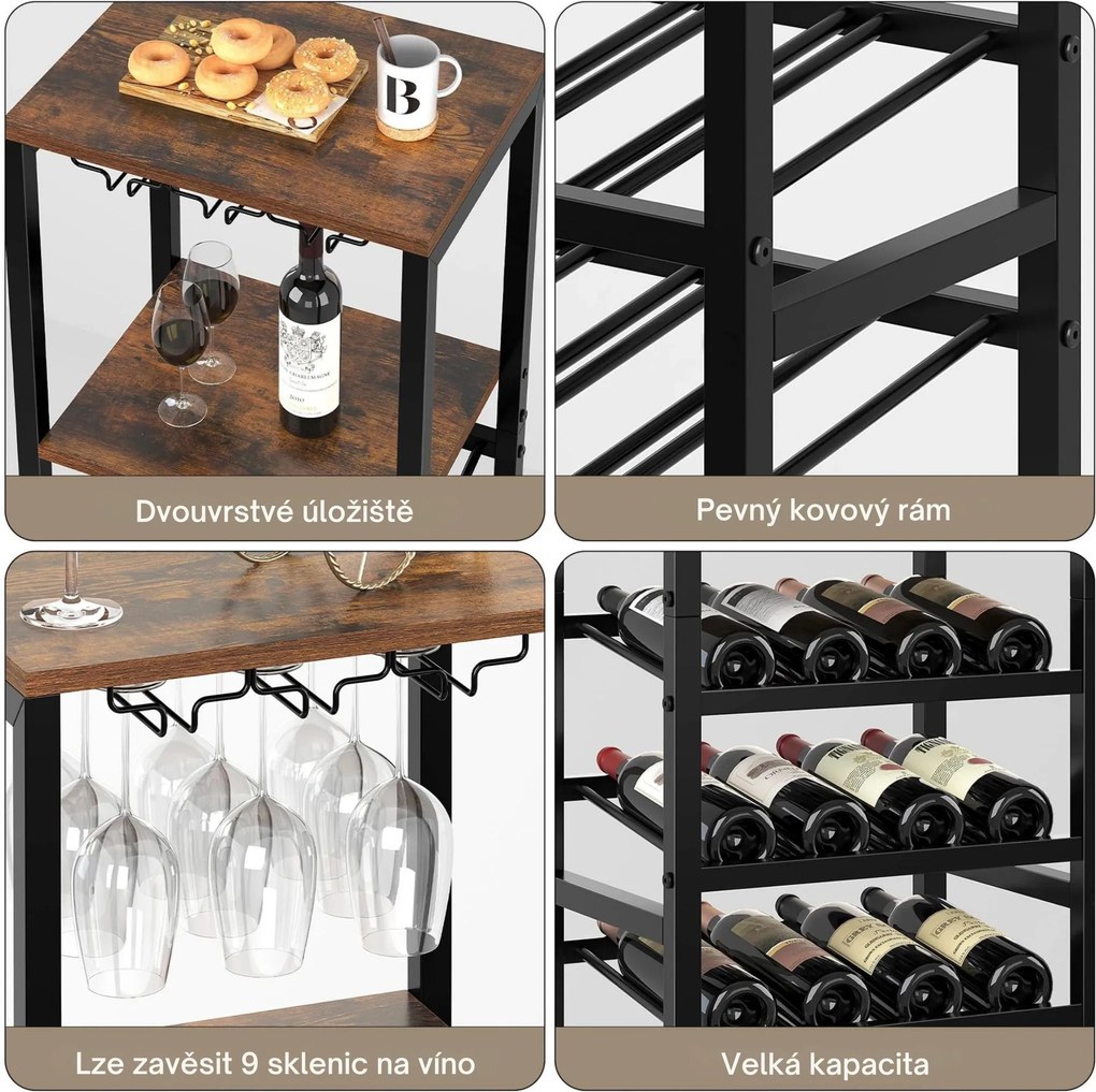 Stojan na víno s držákem na skleničky Houseland Wine hnědý/černý